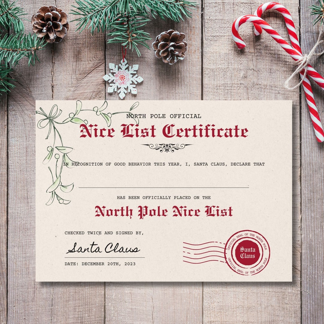 Christmas Nice List Certificate, A Certificate From Santa Claus, Xmas ...