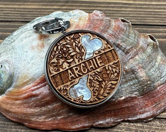 Custom Engraved Wood Dog Tag With Stunning Abalone Shell Inlay - Etsy