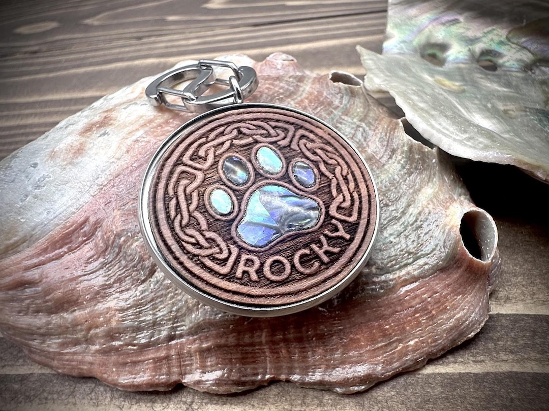 Engraved Wood Dog Tag: Abalone Shell Inlay, Custom Pet ID - Etsy