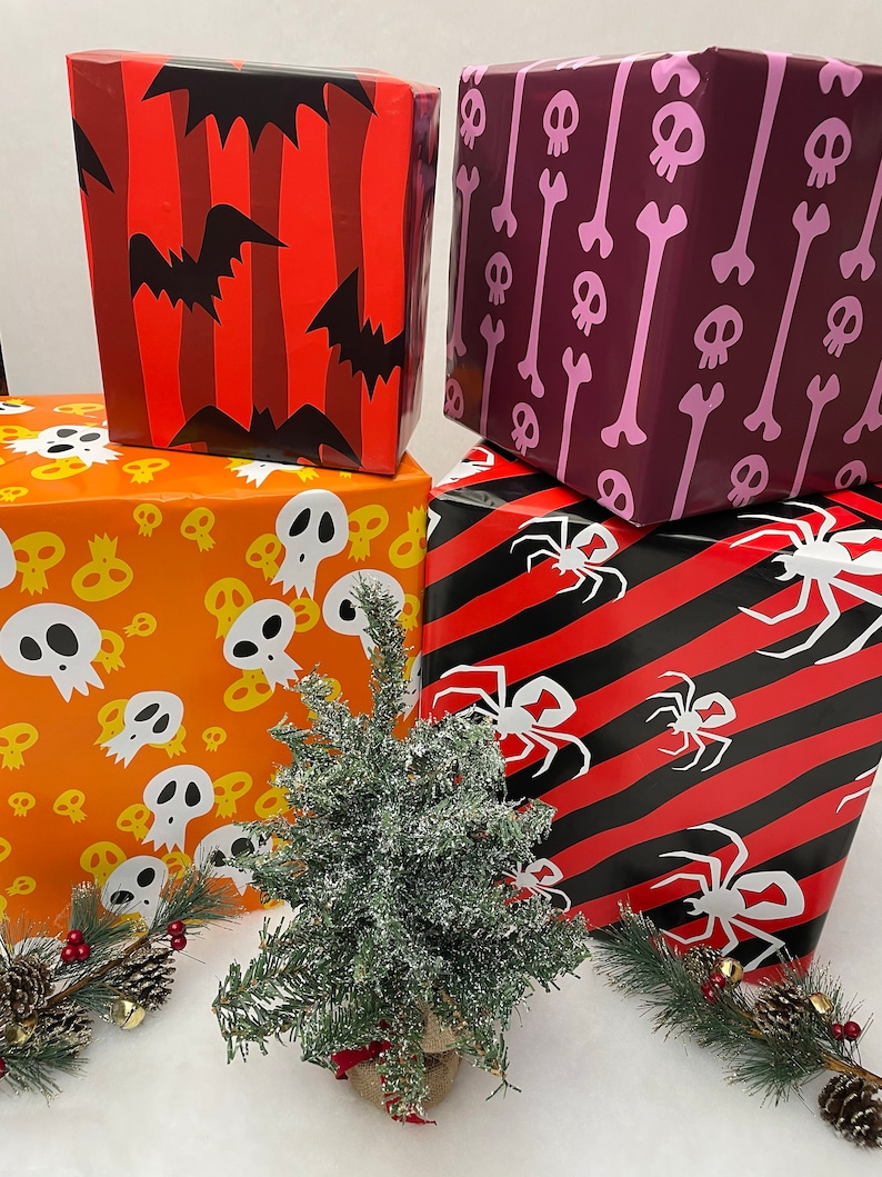 Haunted Mansion Wrapping Paper: Double-sided Halloween Skulls & Spiders ...