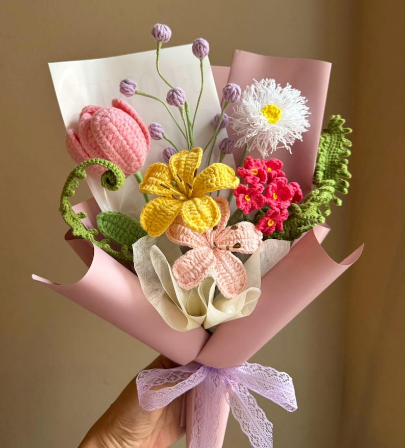 Crochet Flower Bouquet: Handmade Sunflower, Wild Flowers, Tulip & Lily ...