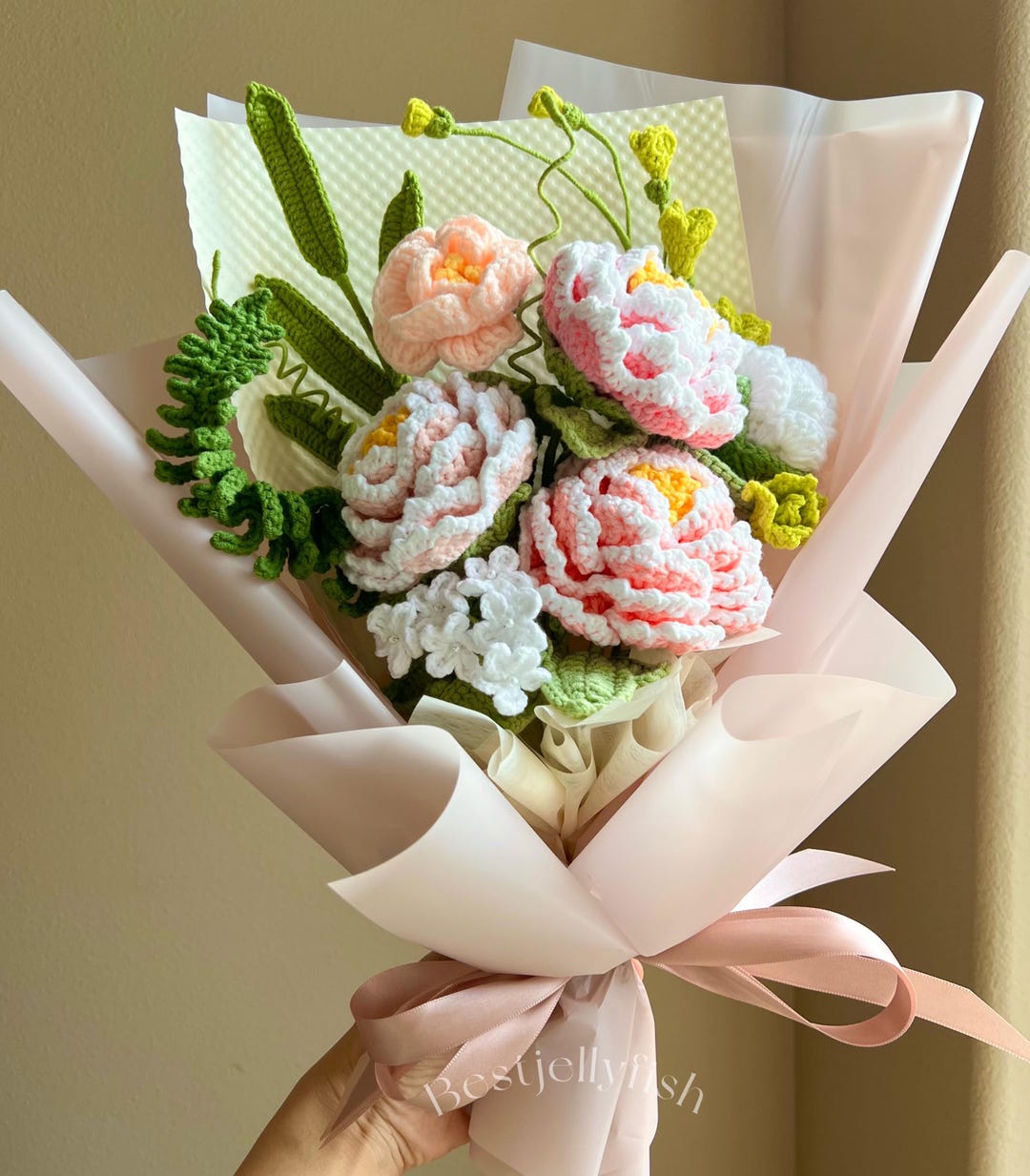 Crochet Peony Flower Bouquet: Pink Yellow Bouquet, Handmade Everlasting ...