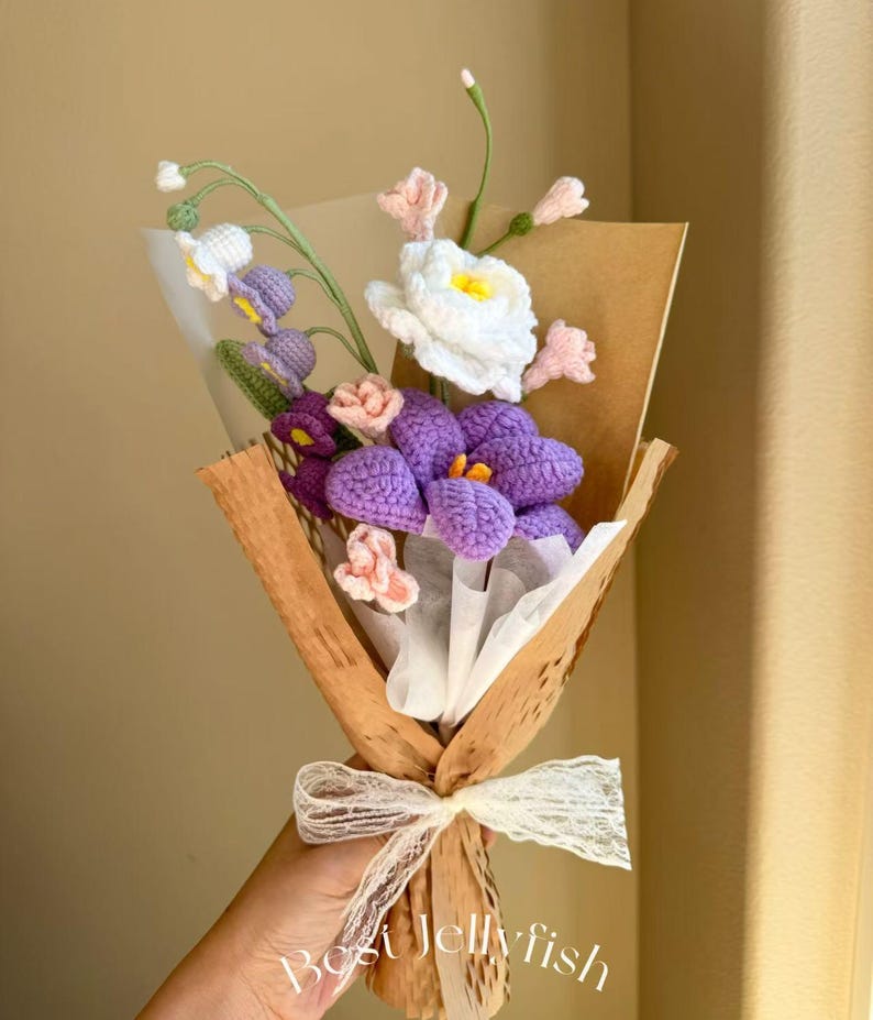 Handmade Crochet Flower Bouquet: Everlasting Purple Champagne Rose ...