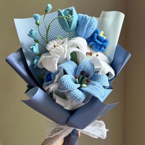 Crochet Flowers Bouquet Handmade, Blue, Rose, Daisy, Home Decor ...