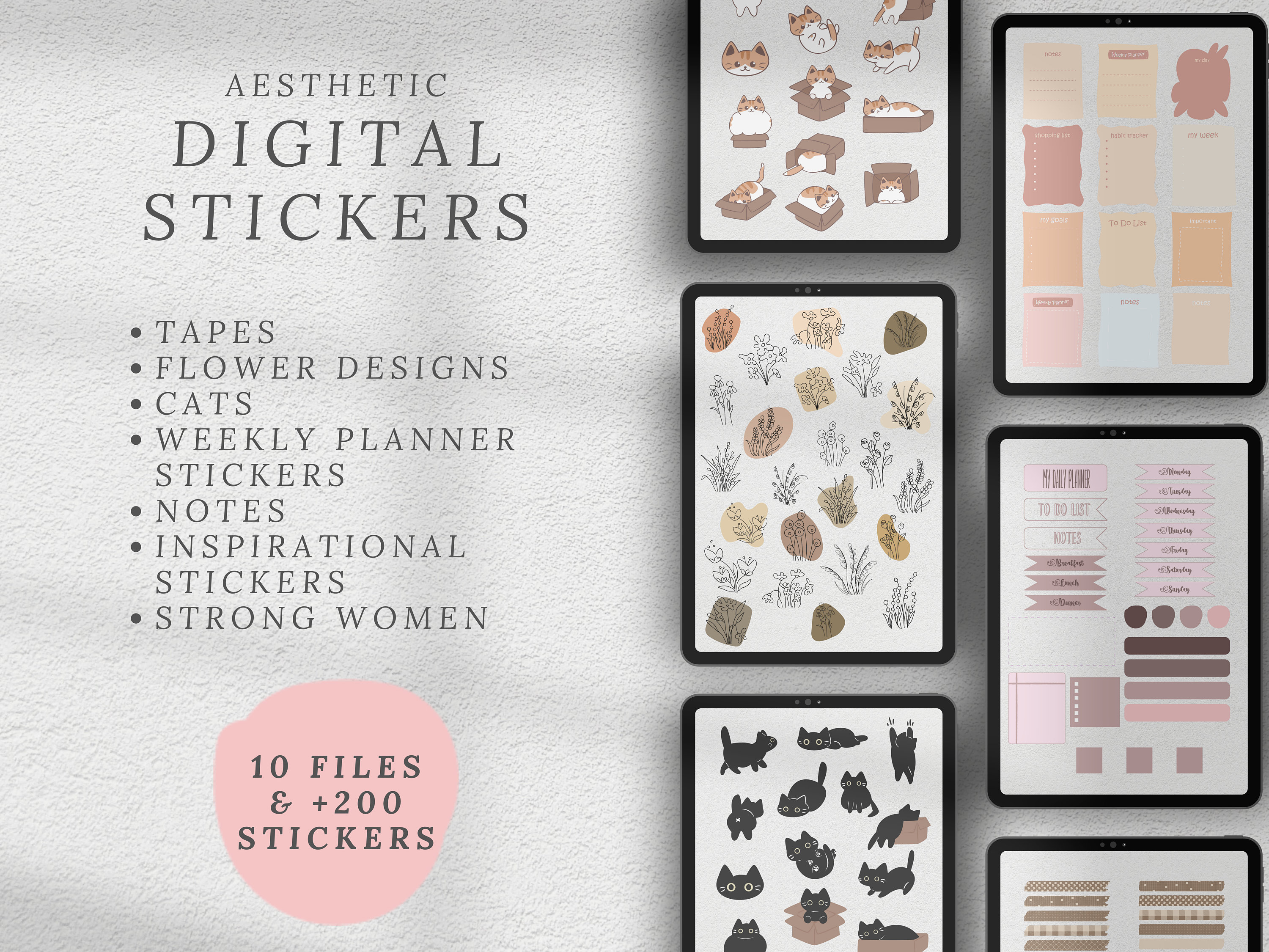 Digital Aesthetic Stickers Pack for Planner Cats & Flowers - Etsy