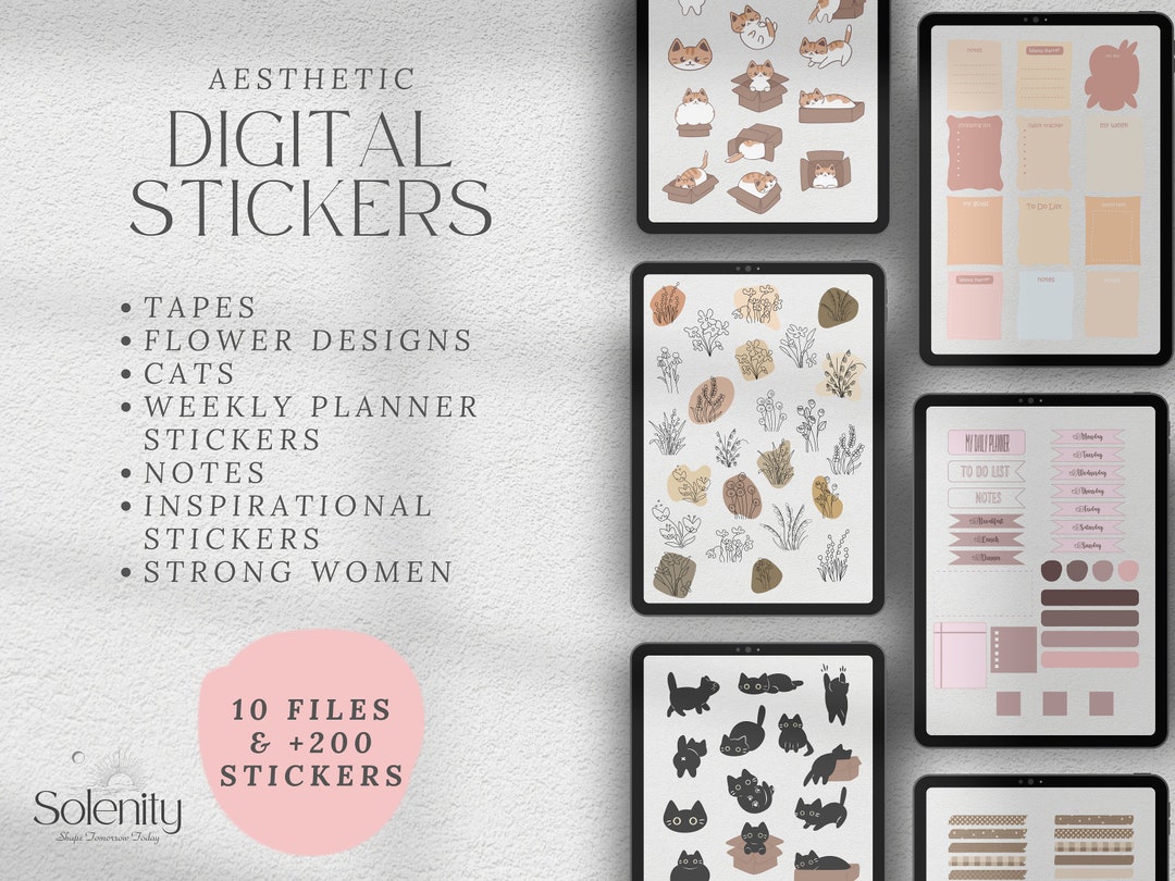 Digital Aesthetic Stickers Pack for Planner, Cats & Flowers Stickers ...