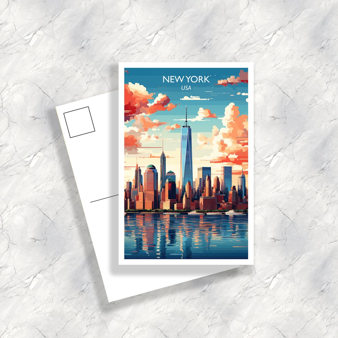 New York Travel Postcard, Manhattan Skyline, New York Postcard Art, Big ...