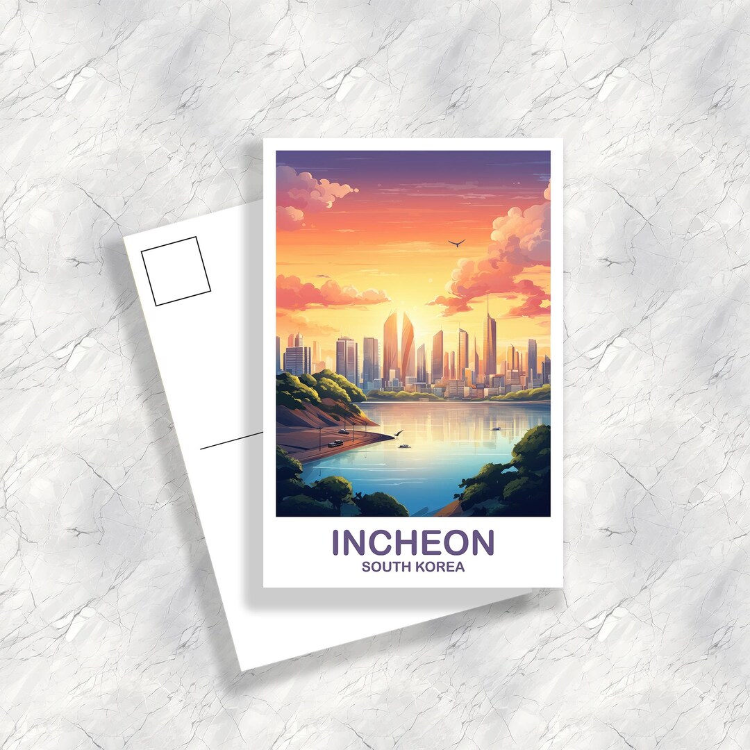 Incheon Korea Travel Postcard, Incheon Skyline, South Korea Art ...