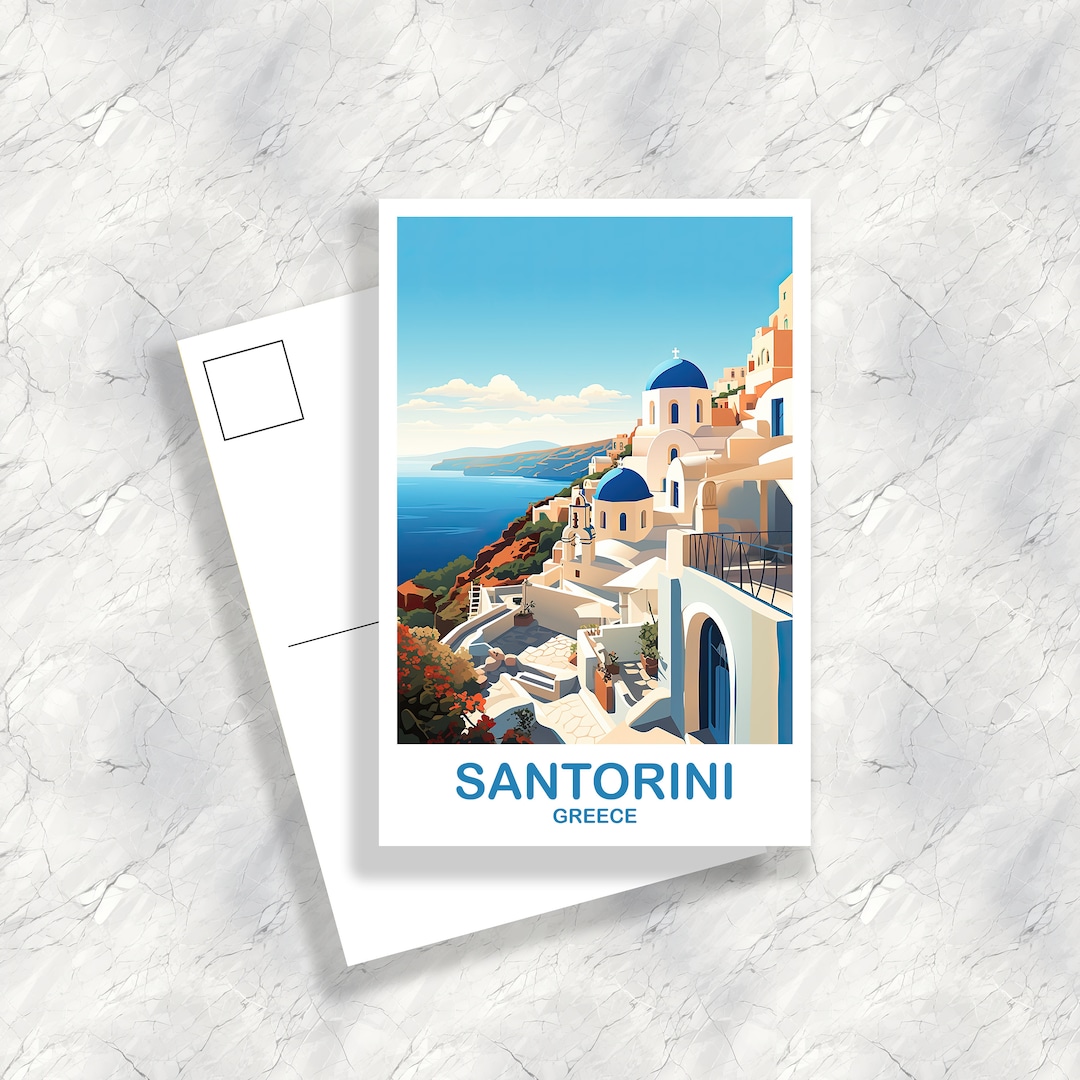 Santorini Greece Travel Postcard Art, Santorini Postcard, Greece Travel ...