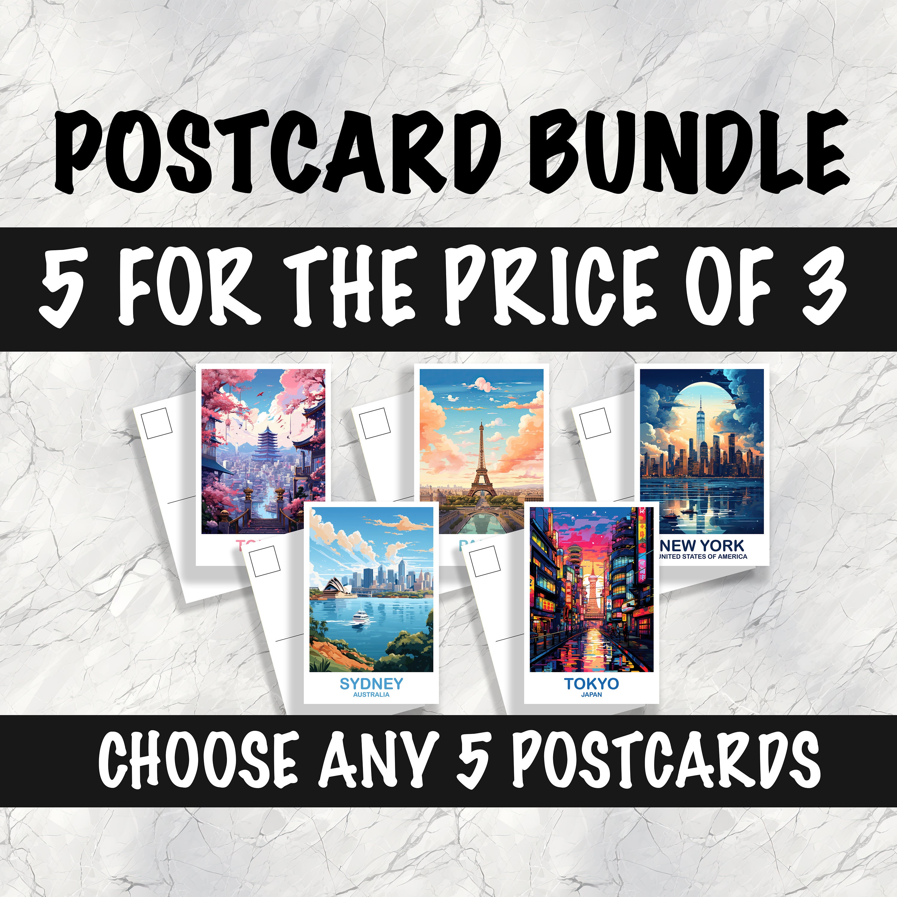 5 Custom Travel Postcards, Travel Postcard Set, Set of Five City ...