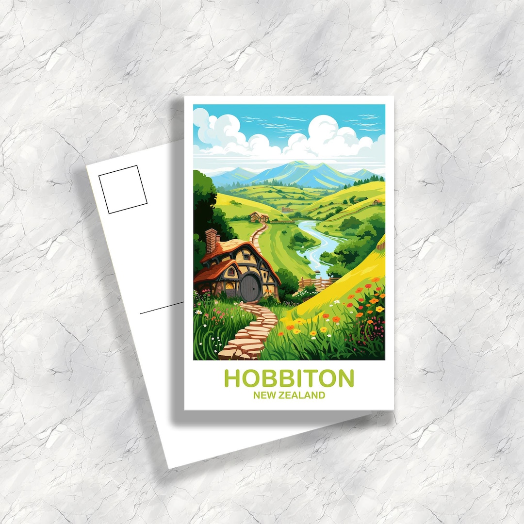Hobbiton New Zealand Travel Postcard Art, New Zealand Travel Art ...