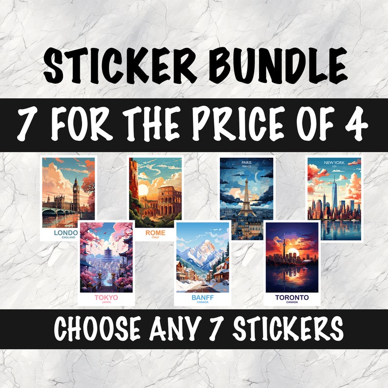 7 Custom Travel Stickers, Travel Sticker Set, Set of 7 City Sticker ...