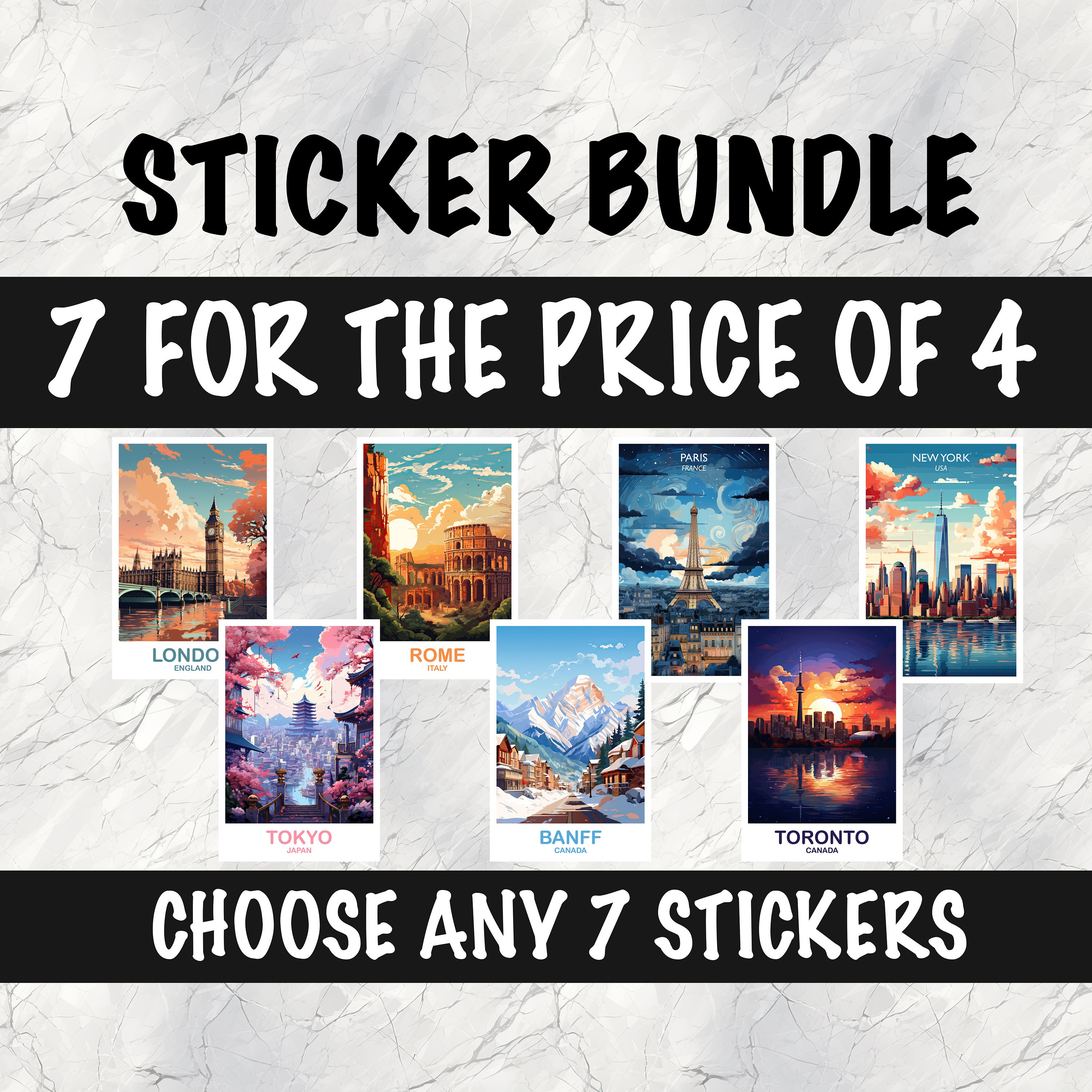 7 Custom Travel Stickers, Travel Sticker Set, Set of 7 City Sticker ...