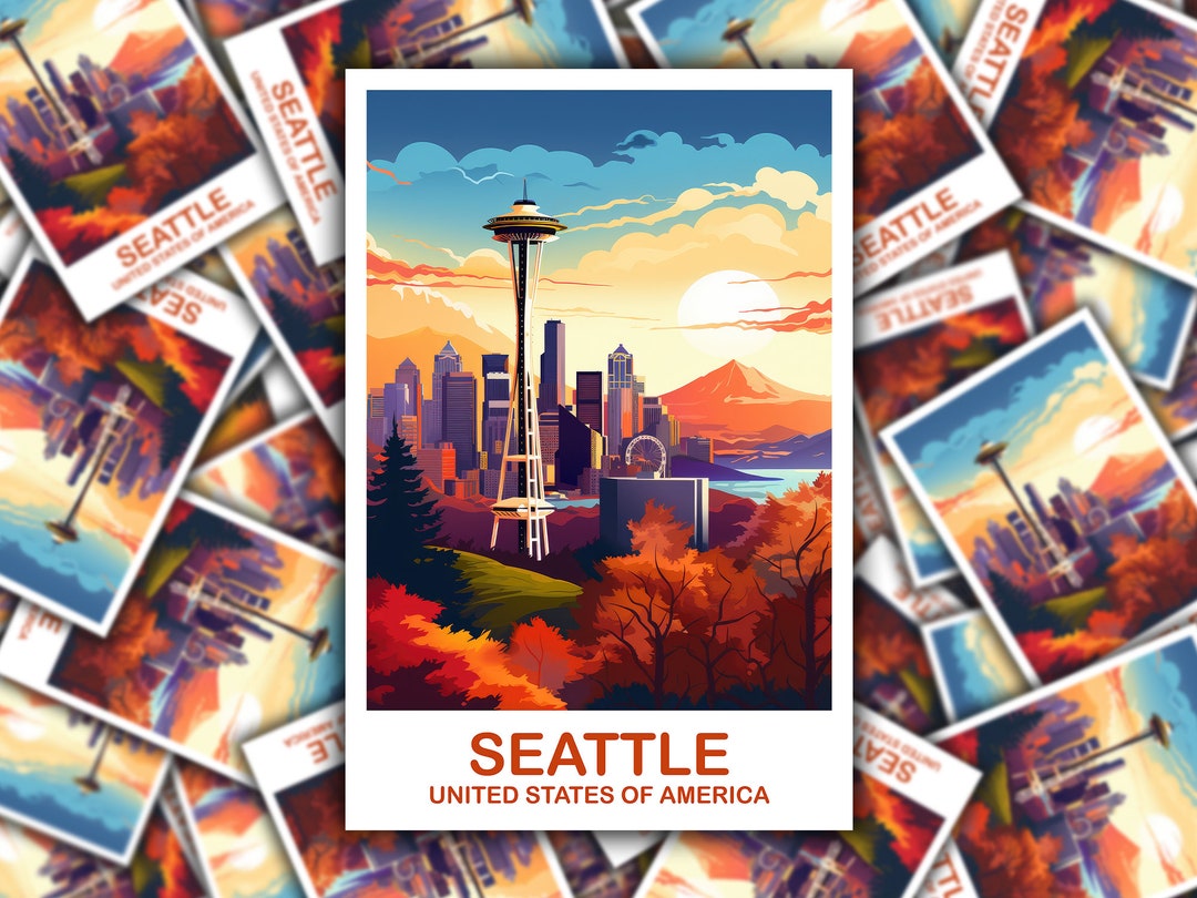 Seattle Travel Sticker Art, Seatle Skyline Sticker, Seattle Sticker ...