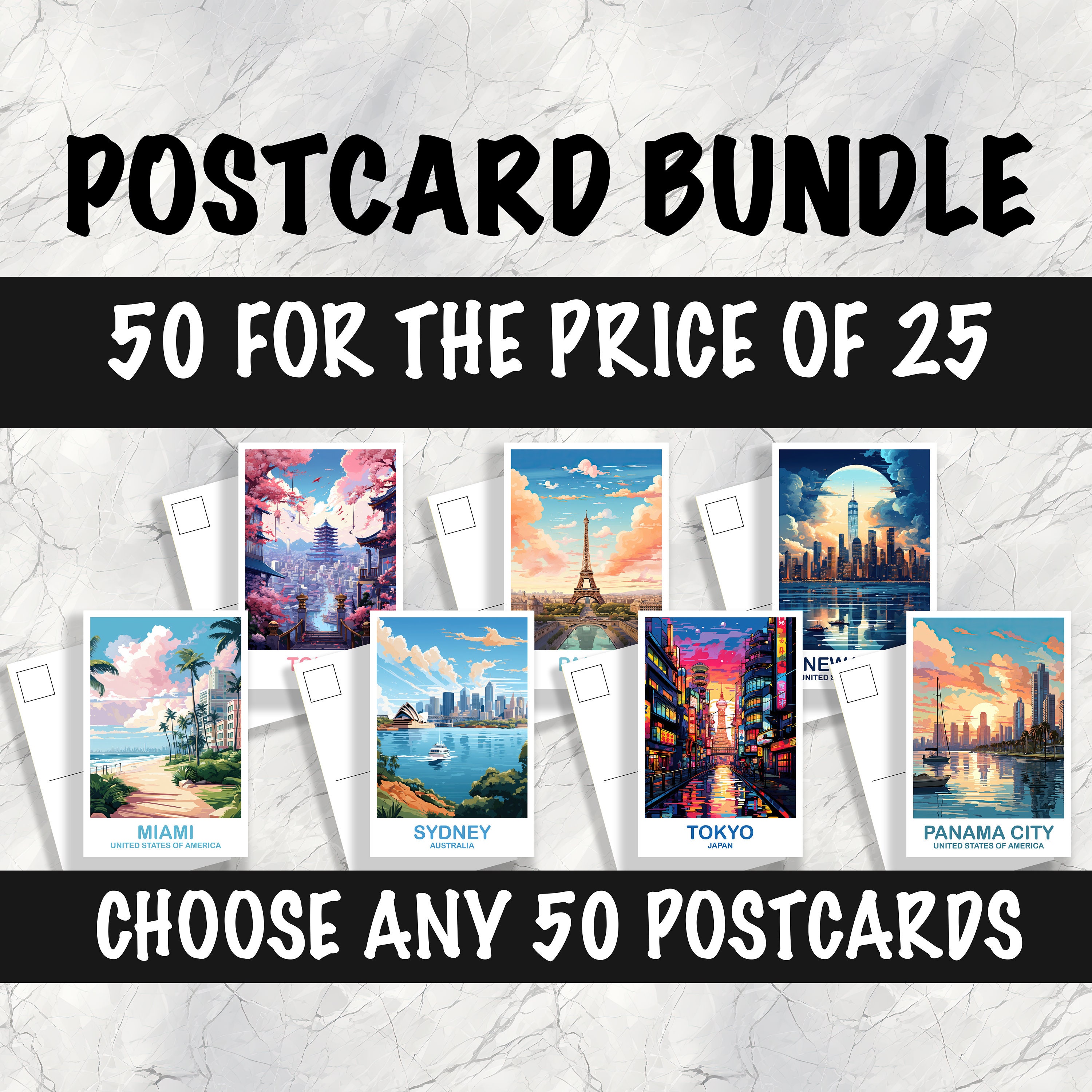 50 Custom Travel Postcards, Travel Postcard Set, Set of 50 City ...