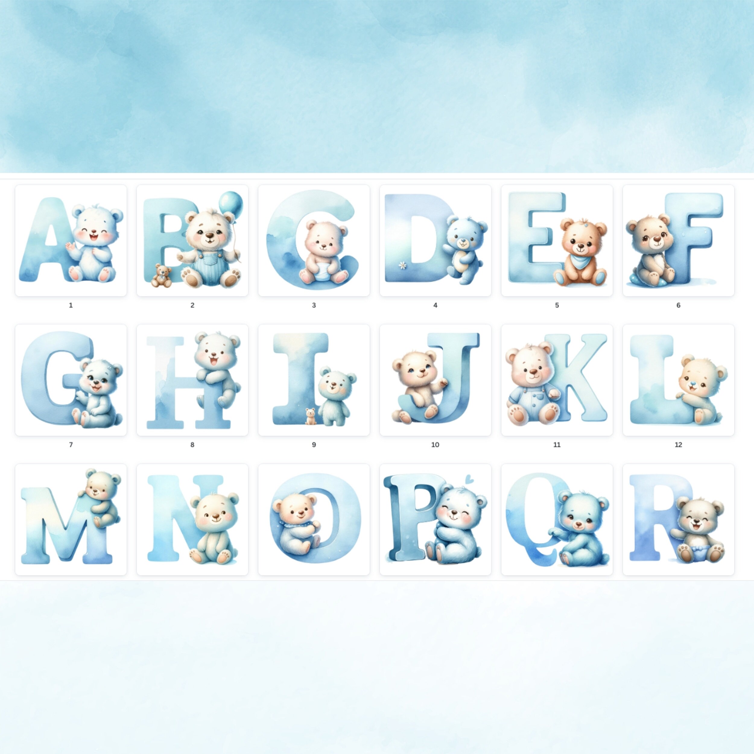 Watercolor Teddy Bear Alphabet Collection Clipart, 37 PNG Blue Alphabet ...