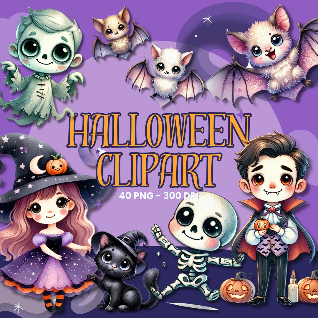 Cute Halloween Watercolor Clipart Set - Pastel & Kawaii Pumpkin, Ghost ...