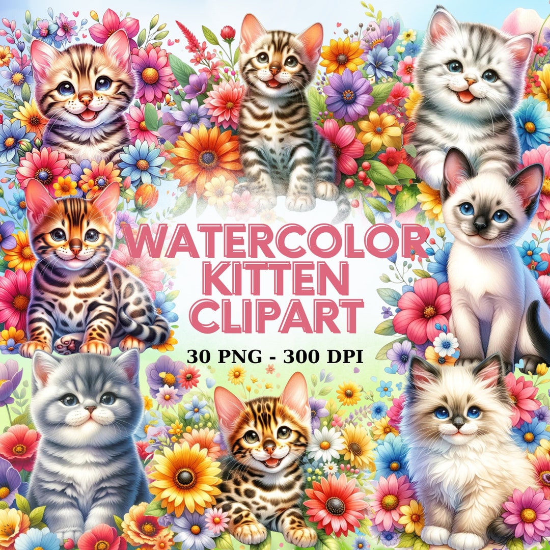 Watercolor Cat Clipart Bundle, Kitten Clipart, Watercolor Spring ...