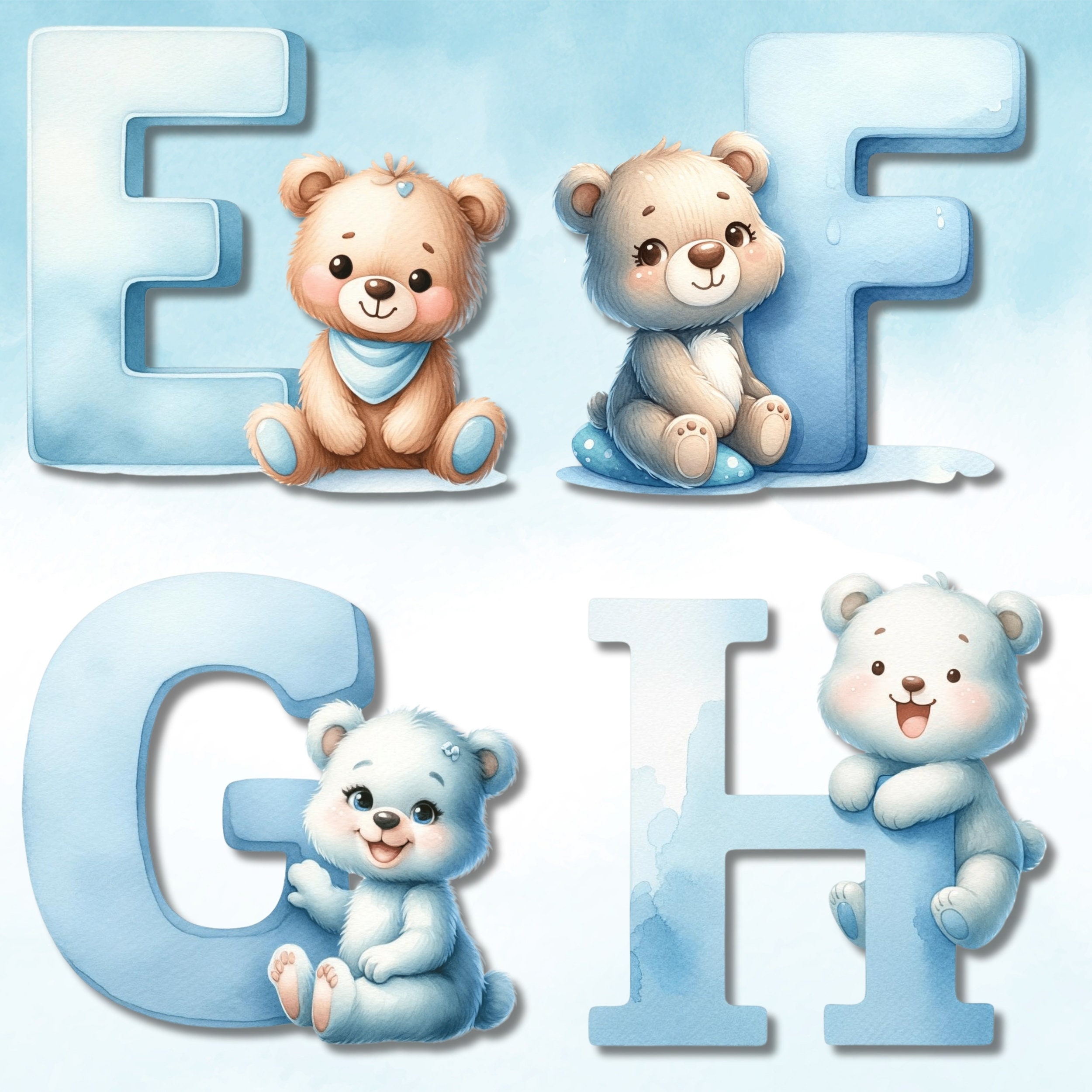 Watercolor Teddy Bear Alphabet Collection Clipart, 37 PNG Blue Alphabet ...