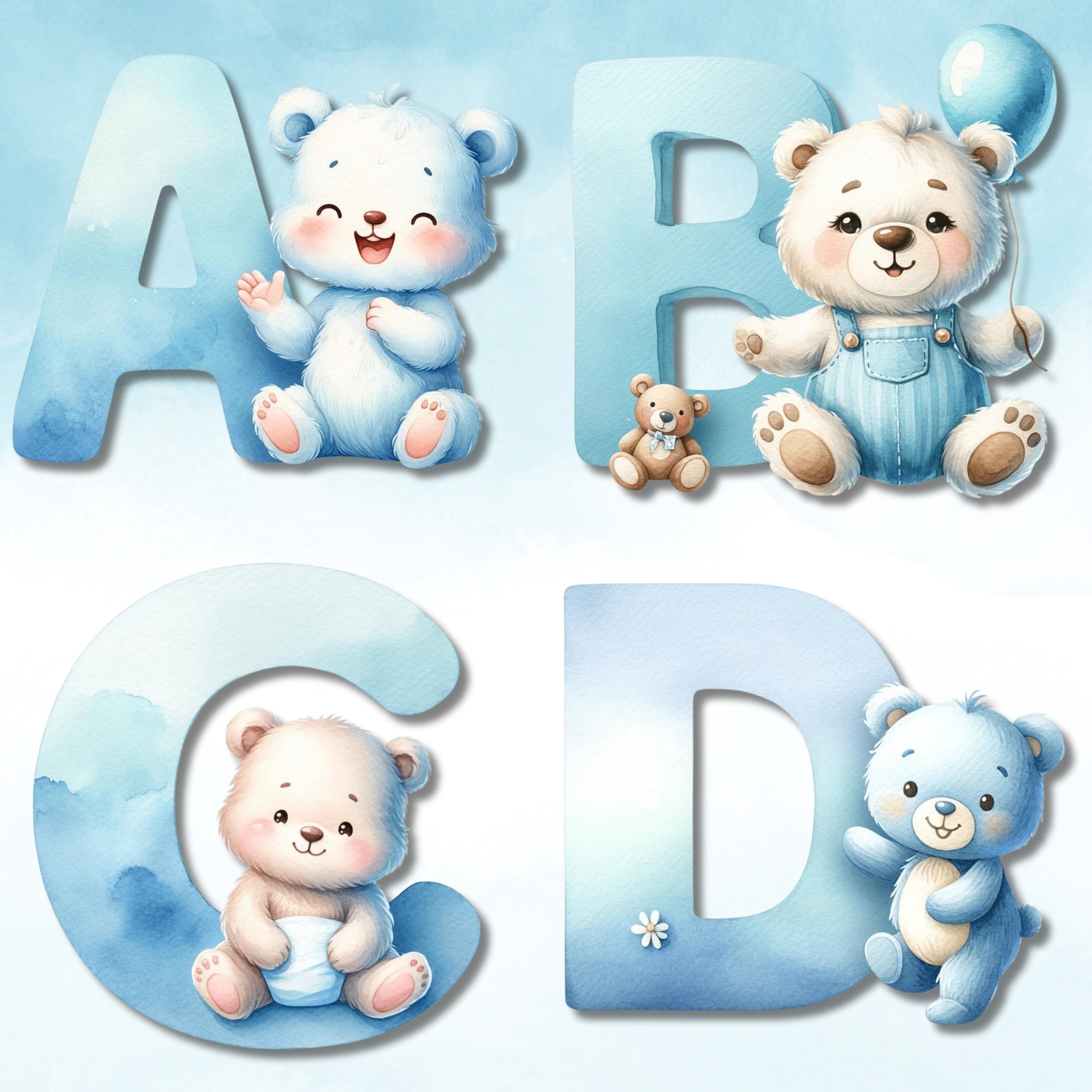 Watercolor Teddy Bear Alphabet Collection Clipart, 37 PNG Blue Alphabet ...