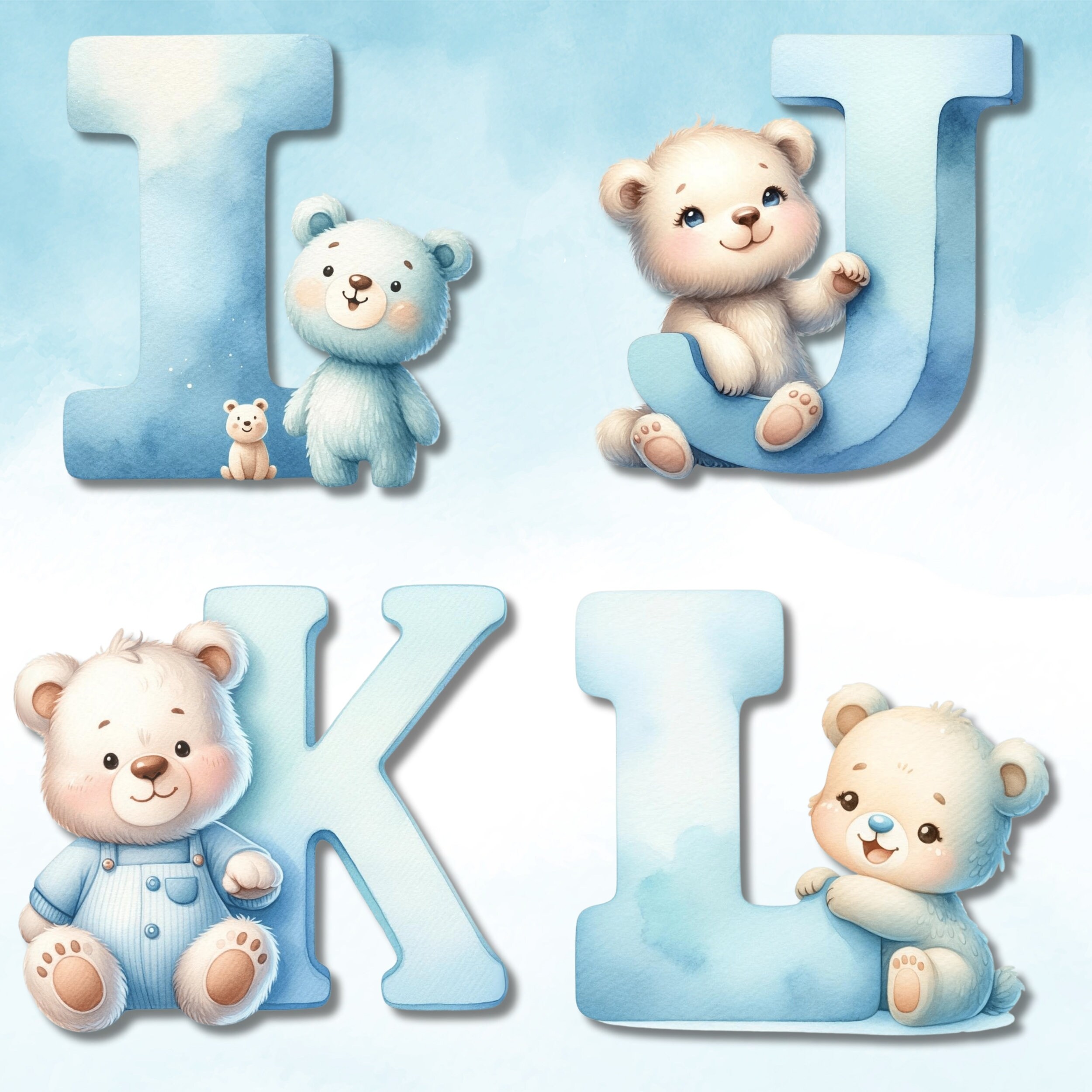 Watercolor Teddy Bear Alphabet Collection Clipart, 37 PNG Blue Alphabet ...