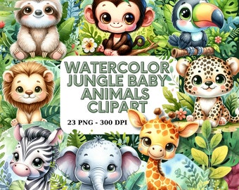 Cute Jungle Animals Clipart, Safari Baby Animal PNG, Watercolor Animal ...