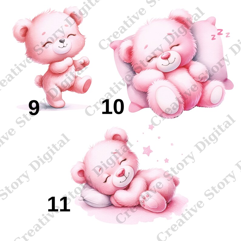 Baby Pink Watercolor Teddy Bear Clipart, Sleeping Teddy Bears, Baby ...
