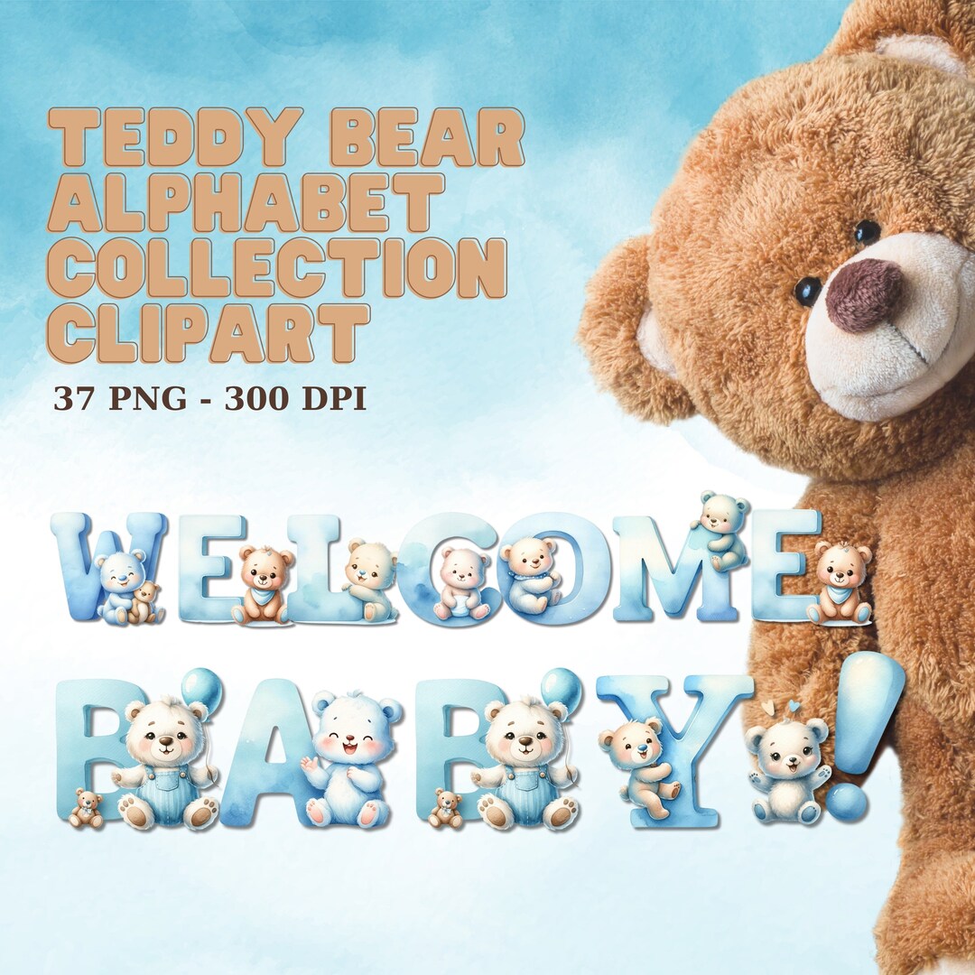 Watercolor Teddy Bear Alphabet Collection Clipart, 37 PNG Blue Alphabet ...