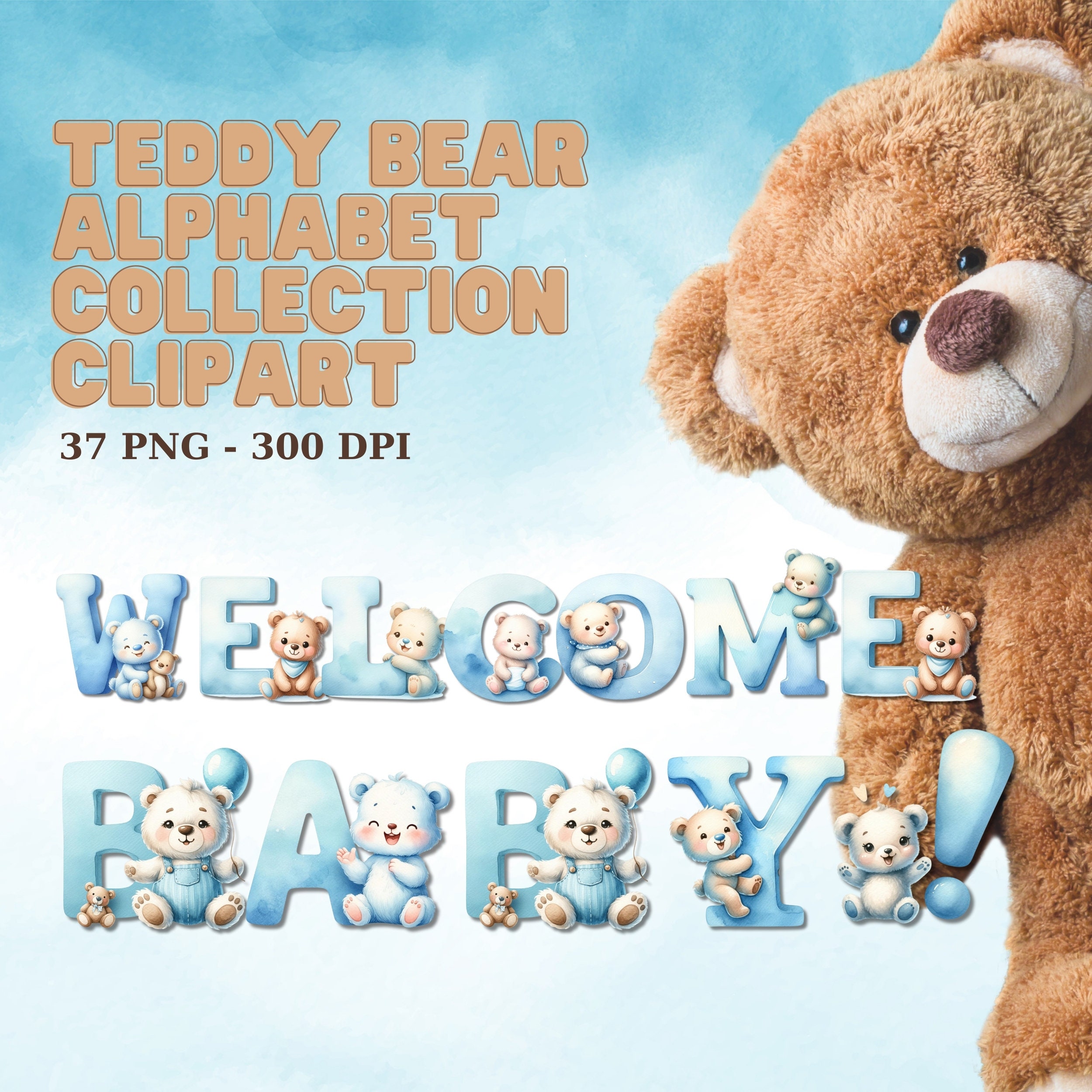 Watercolor Teddy Bear Alphabet Collection Clipart, 37 PNG Blue Alphabet ...