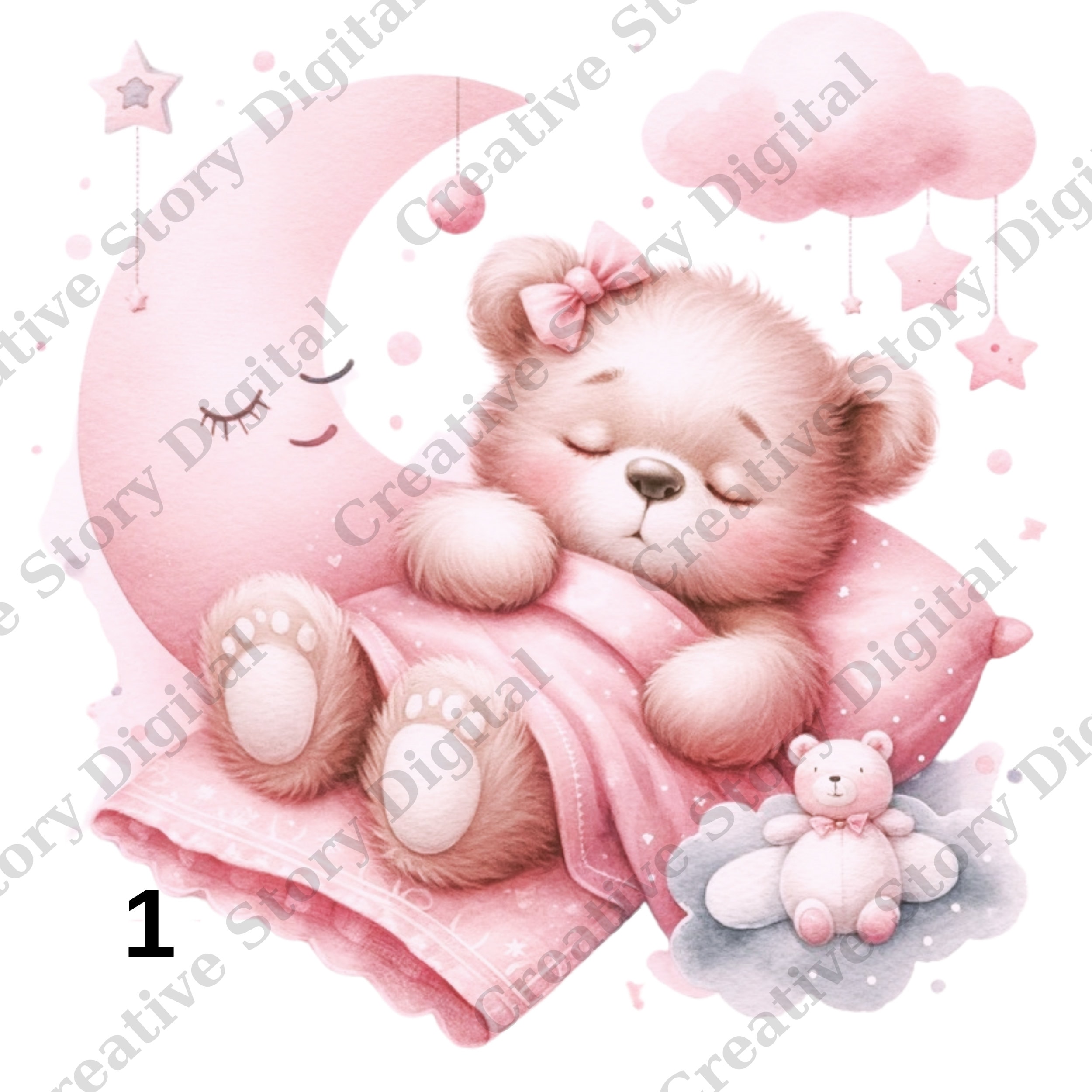 Baby Pink Watercolor Teddy Bear Clipart, Sleeping Teddy Bears, Baby ...