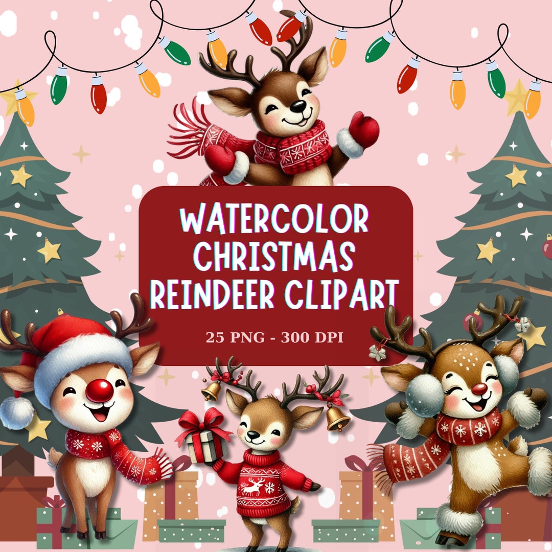 Watercolor Reindeer Clipart Bundle - Cozy Winter Graphics for Kids ...