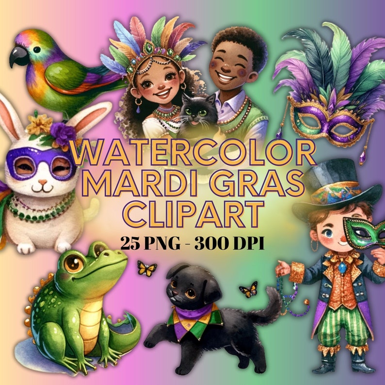 Watercolor Mardi Gras PNG Sublimation Design Bundle Clipart, Happy ...