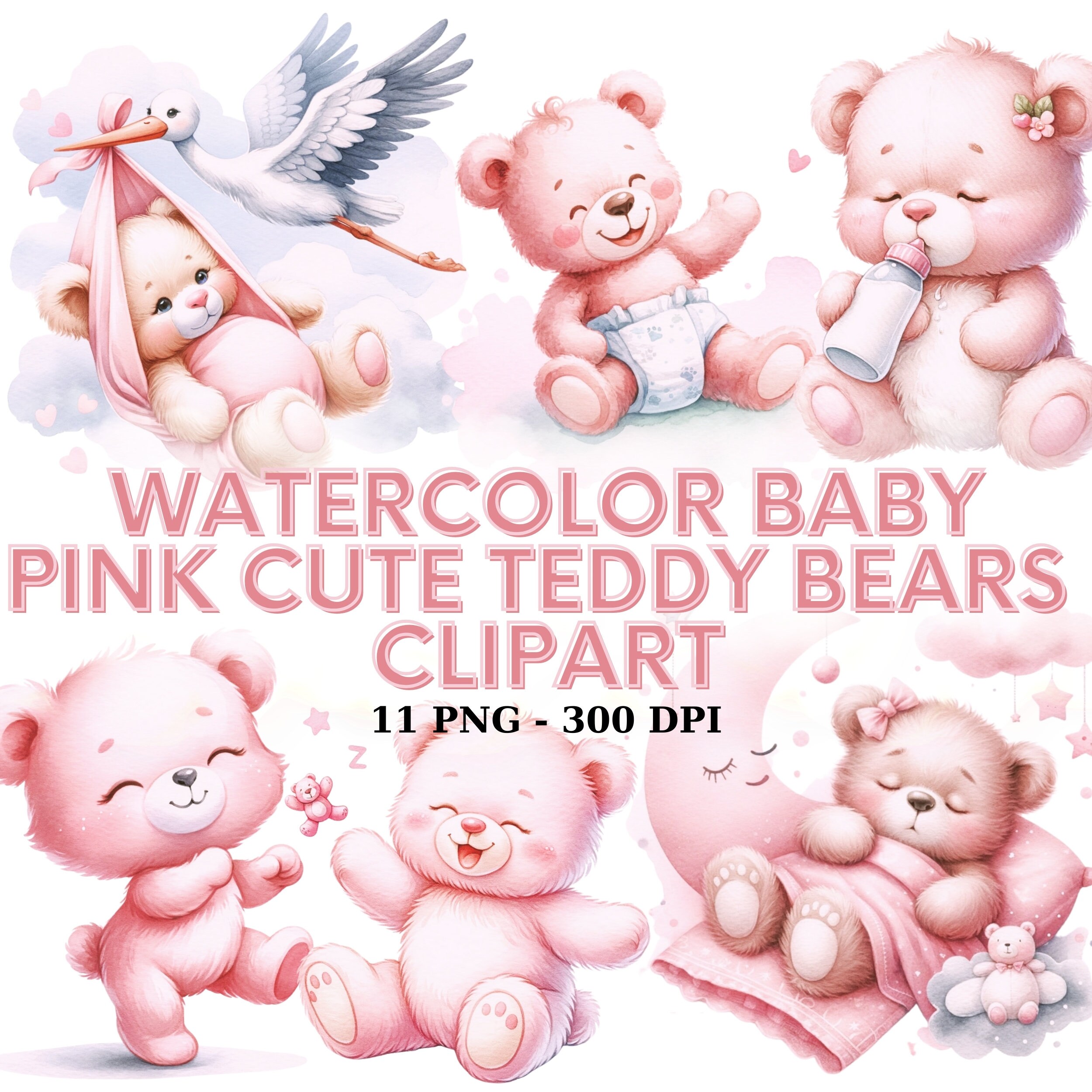 Baby Pink Watercolor Teddy Bear Clipart, Sleeping Teddy Bears, Baby ...