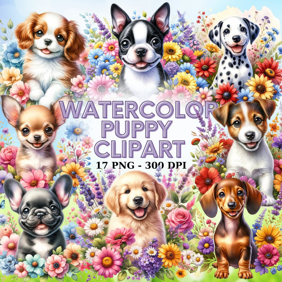 Watercolor Dog Clipart Bundle, Puppy Clipart, Watercolor Spring Clipart ...