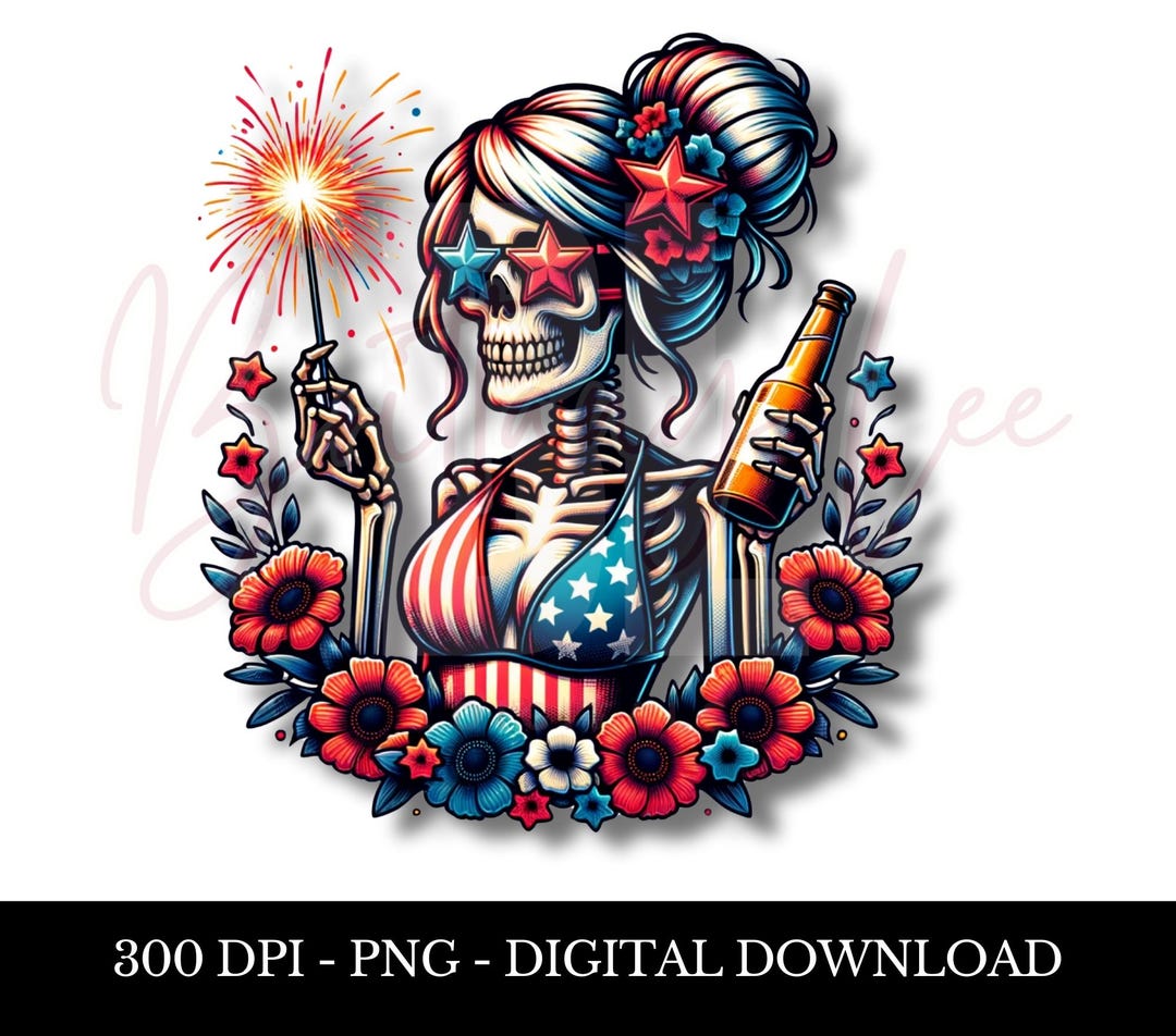 4th of July PNG, Woman Skeleton, Fireworks, Beer, Patriotic ...