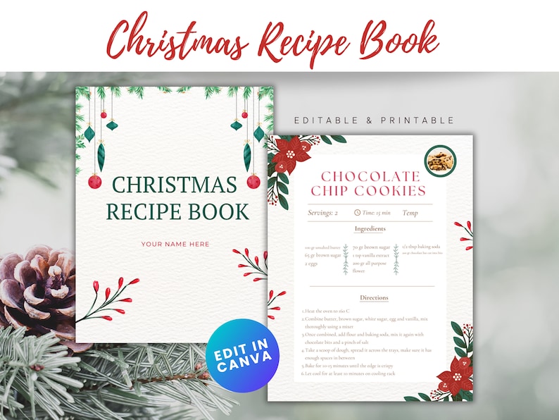 Christmas Recipe Book Template With Cover Editable in Canva Digital ...
