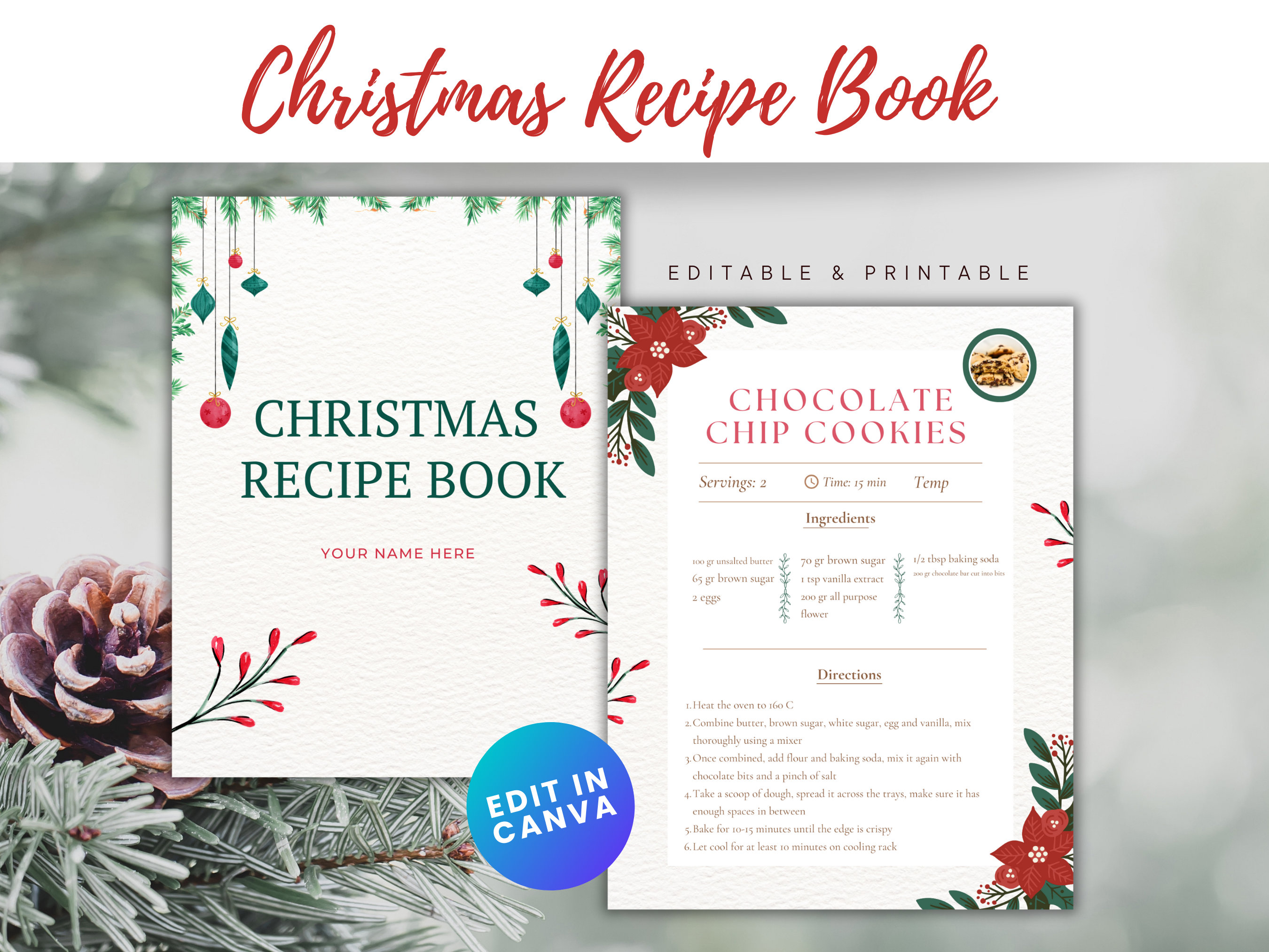 Christmas Recipe Book Template With Cover Editable in Canva Digital ...
