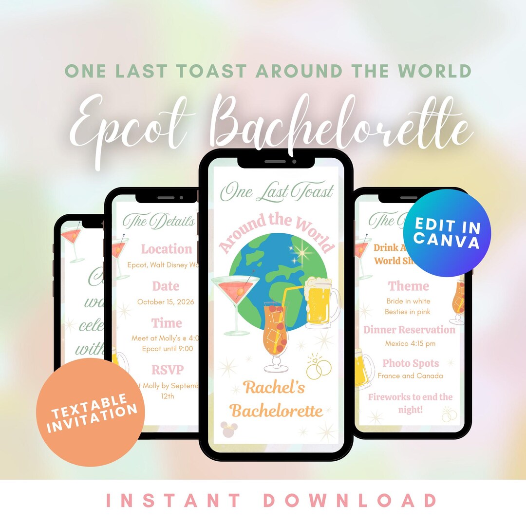 Drink Around the World Bachelorette Invitation Canva, Textable Epcot ...