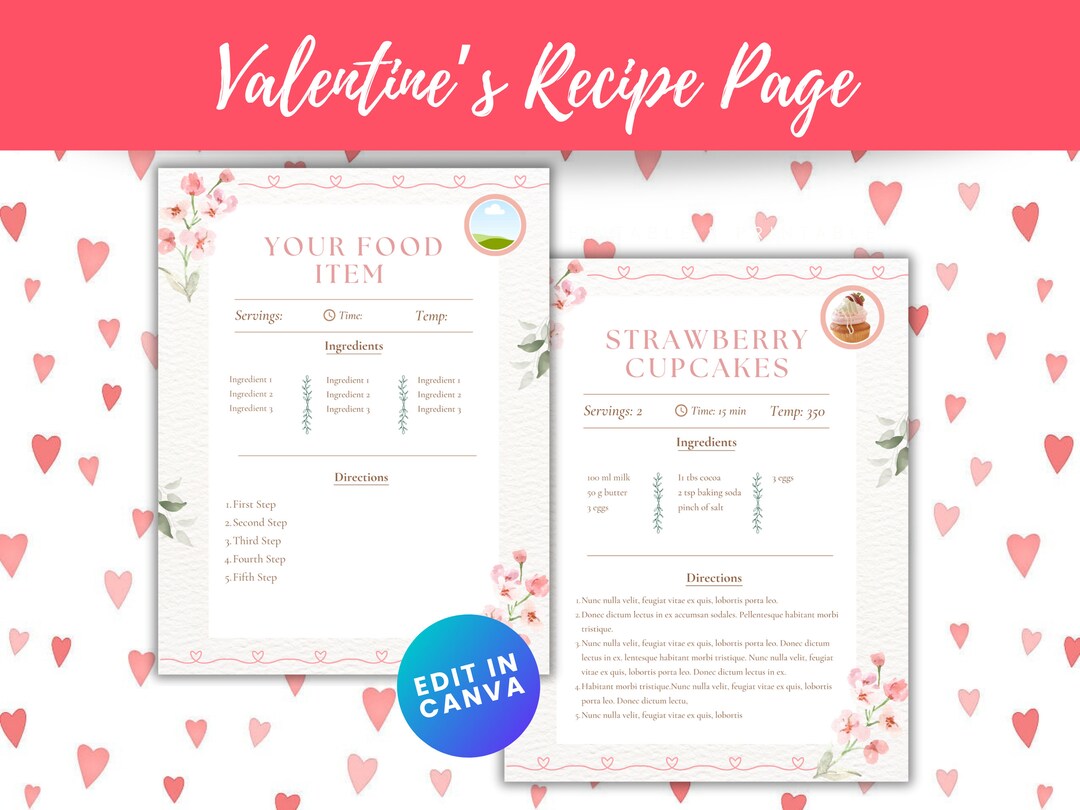Valentine's Recipe Page Template Editable in Canva | Printable ...