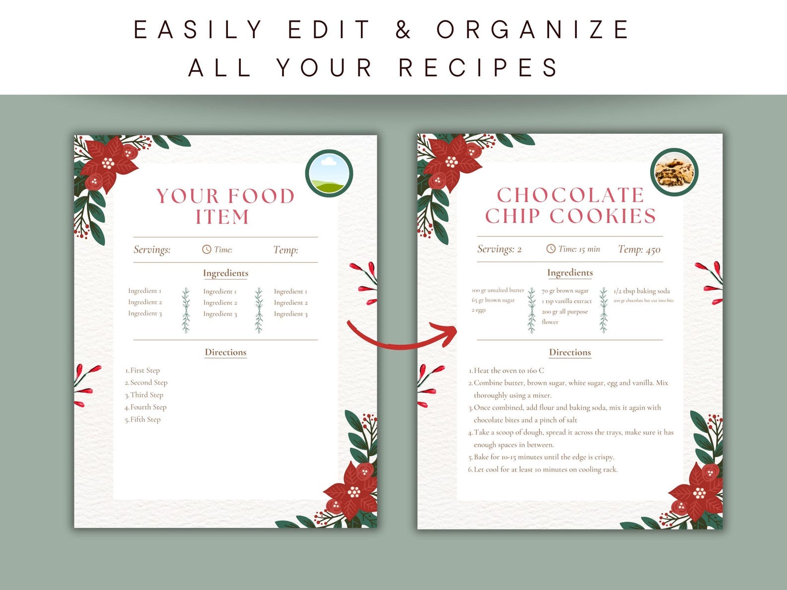 Christmas Recipe Book Template With Cover Editable in Canva | Digital ...