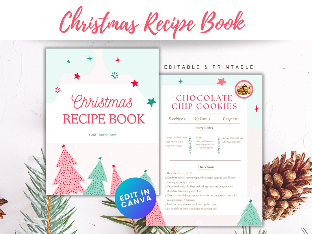 Christmas Recipe Book Template With Cover Editable in Canva | Digital ...