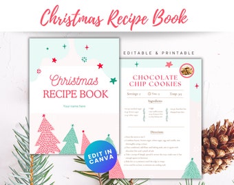 Christmas Recipe Book Template With Cover Editable in Canva | Digital ...