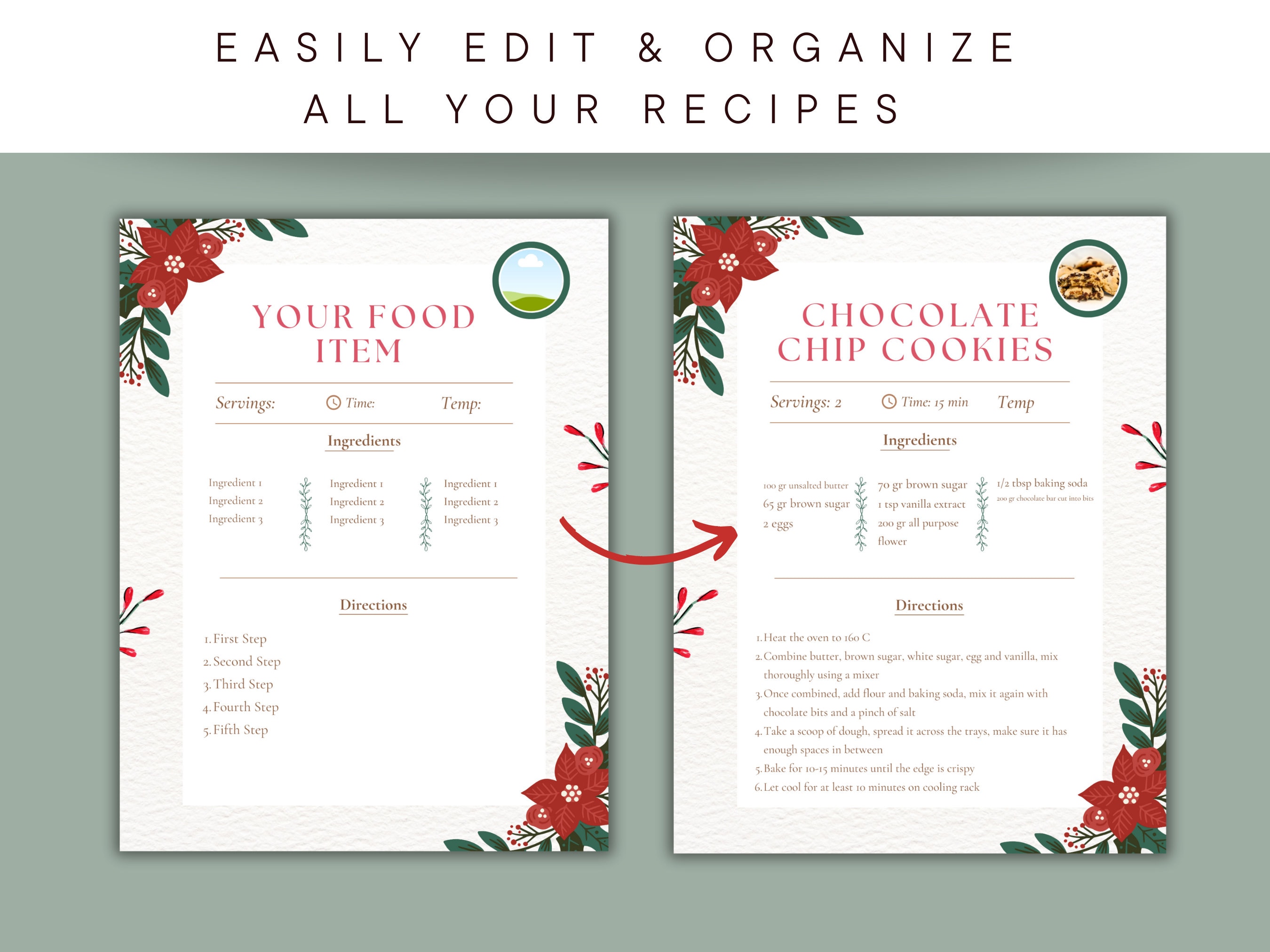 Christmas Recipe Book Template With Cover Editable in Canva Digital ...