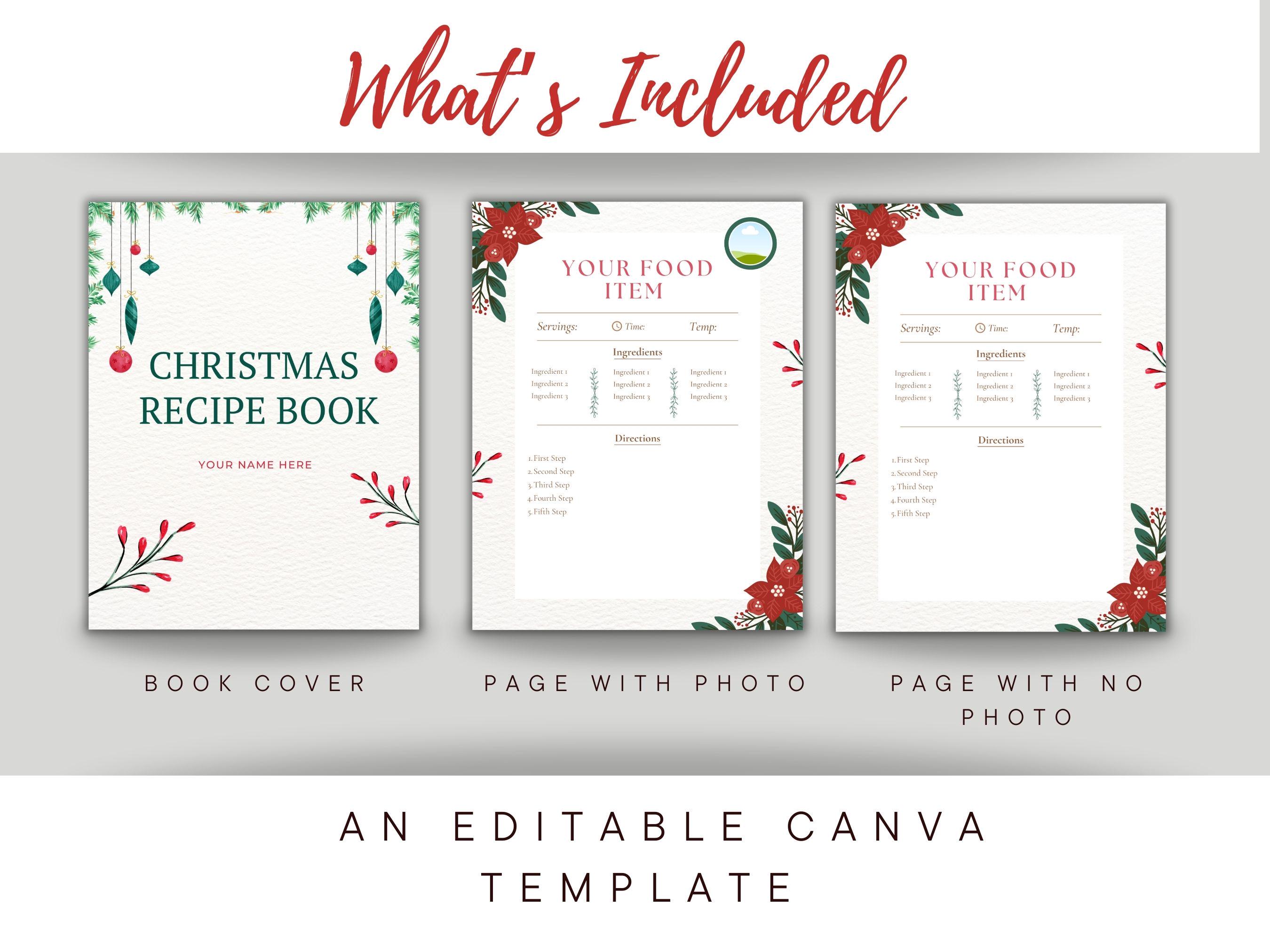 Christmas Recipe Book Template With Cover Editable in Canva | Digital ...