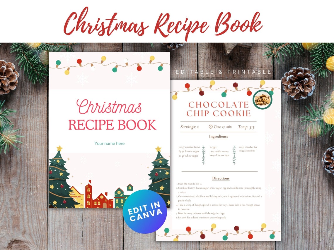 Christmas Recipe Book Template With Cover Editable in Canva Digital ...