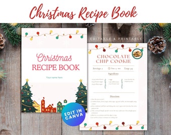 Christmas Recipe Book Template With Cover Editable in Canva | Digital ...