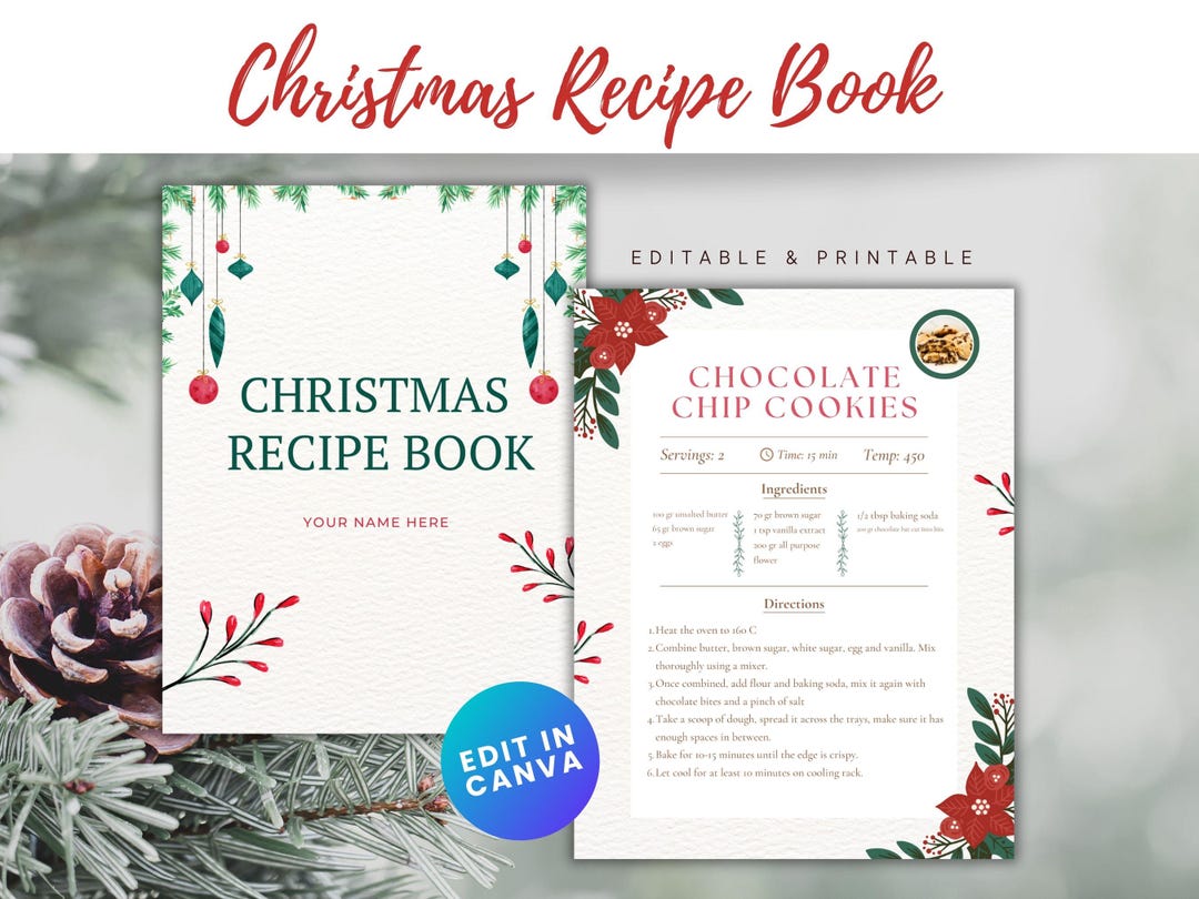 Christmas Recipe Book Template With Cover Editable in Canva | Digital ...