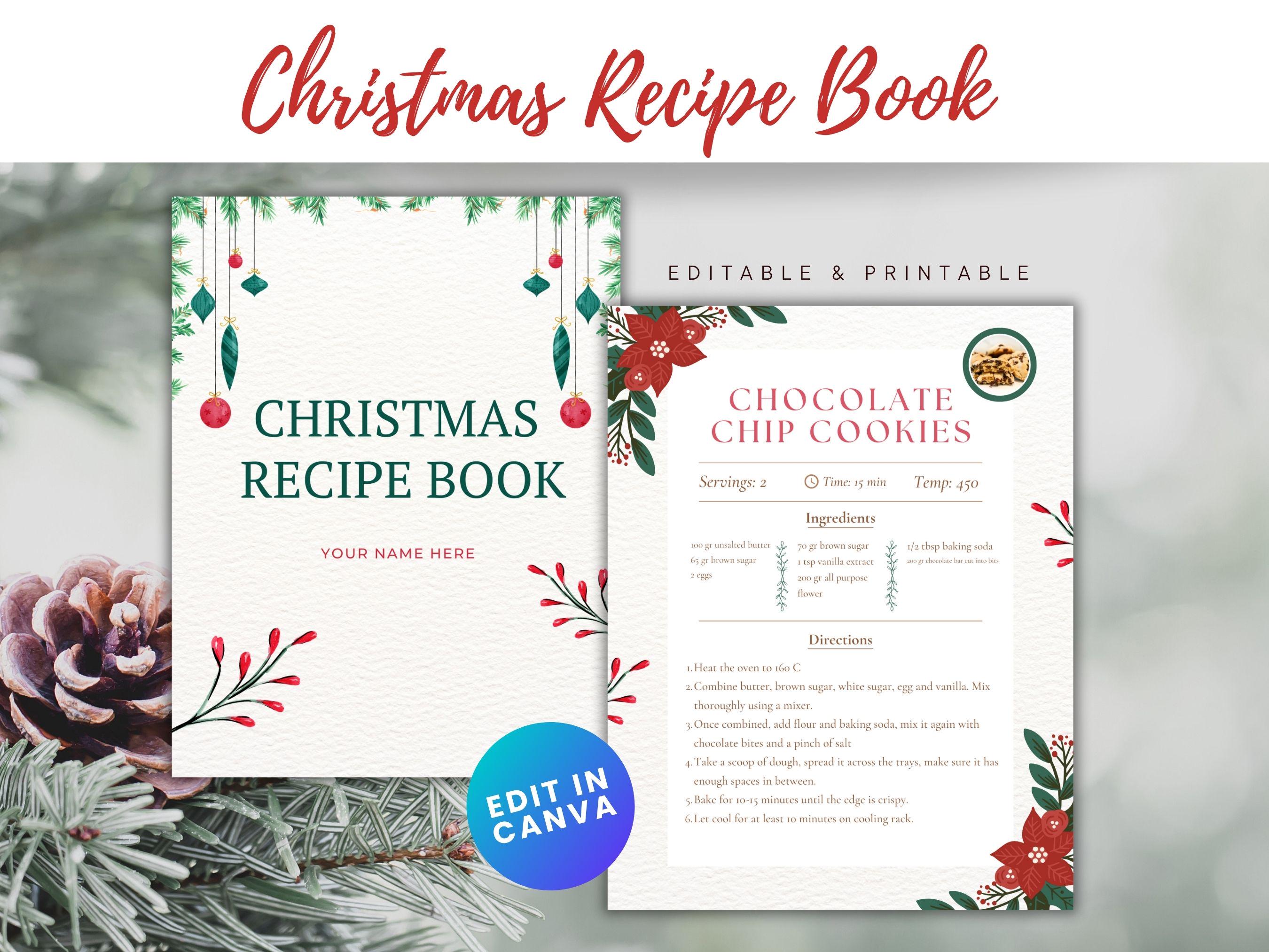 Christmas Recipe Book Template With Cover Editable in Canva | Digital ...
