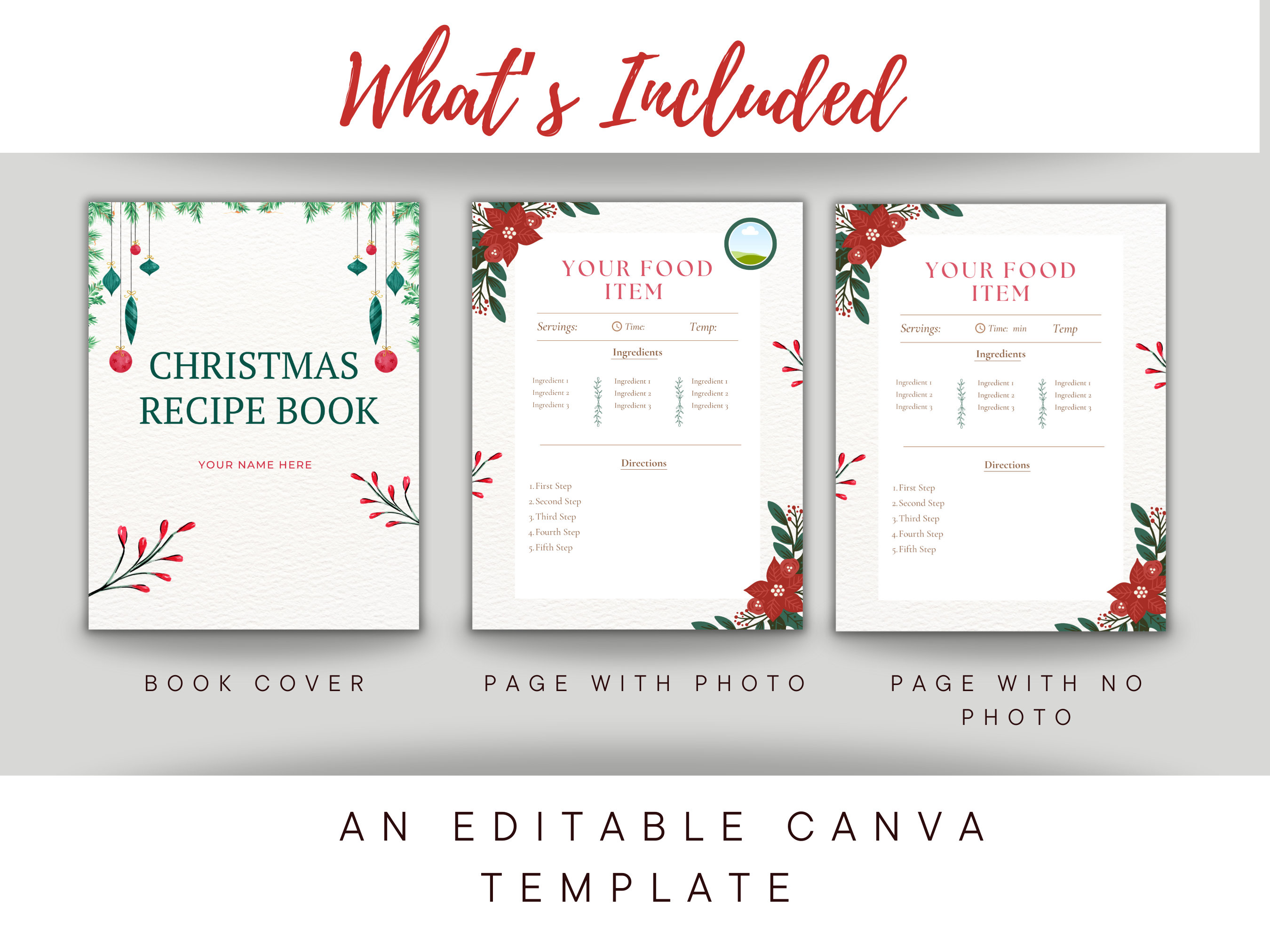 Christmas Recipe Book Template With Cover Editable in Canva Digital ...