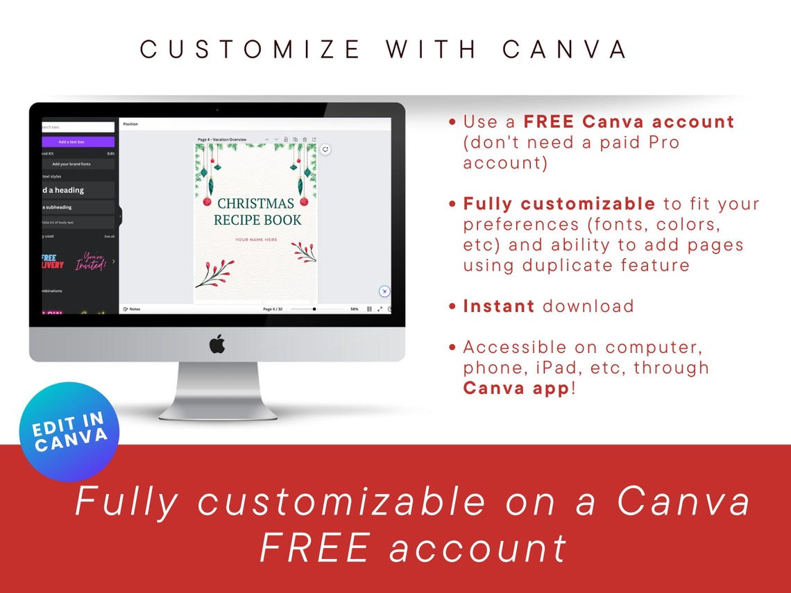 Christmas Recipe Book Template With Cover Editable in Canva | Digital ...